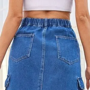 Skirts | Highrise Midi Retro Cargo Side Pocket Elastic Waist Denim Jean ...
